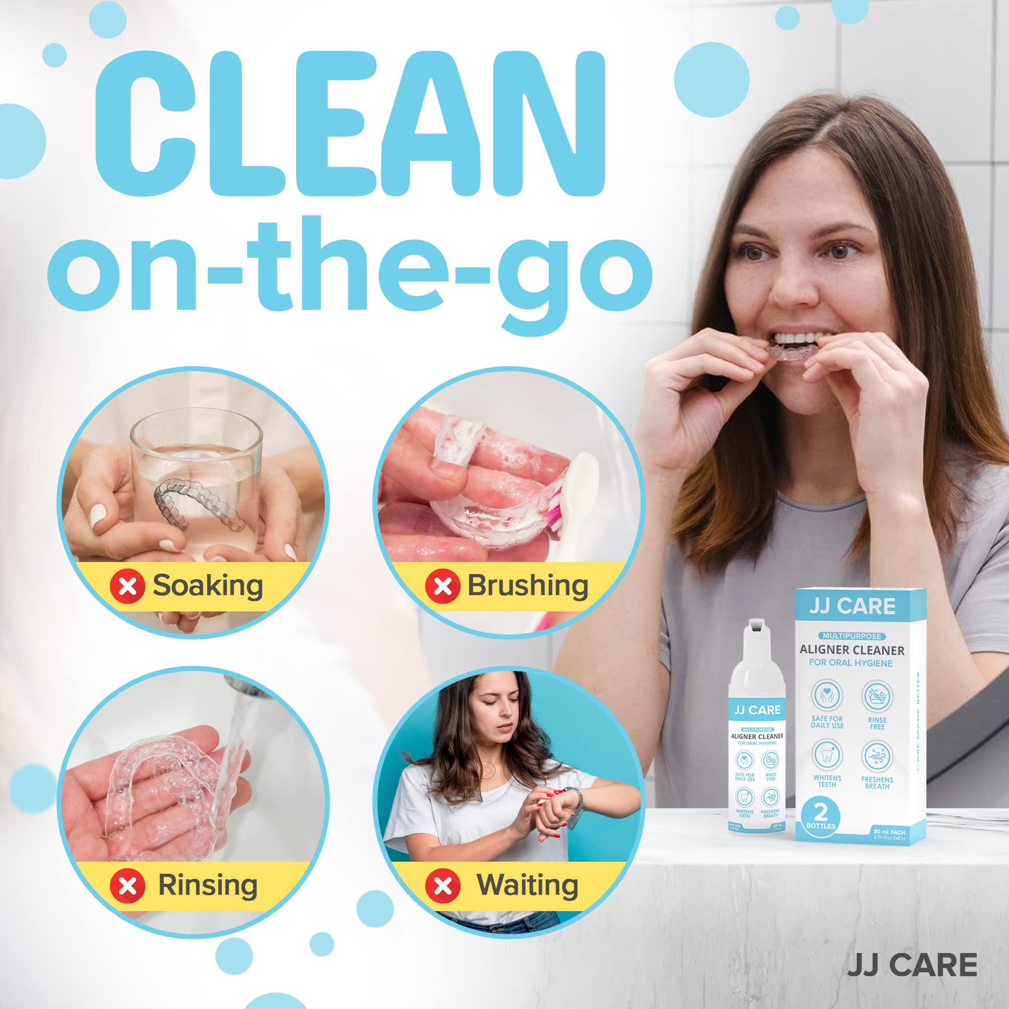 JJ CARE Aligner Cleaner - Pack of 2, 80ml Invisalign Cleaner, Lemon-Flavored Clear Retainer and Aligner Cleaner and Whitener, Kills Bacteria, Whitens Teeth & Fights Bad Breath
