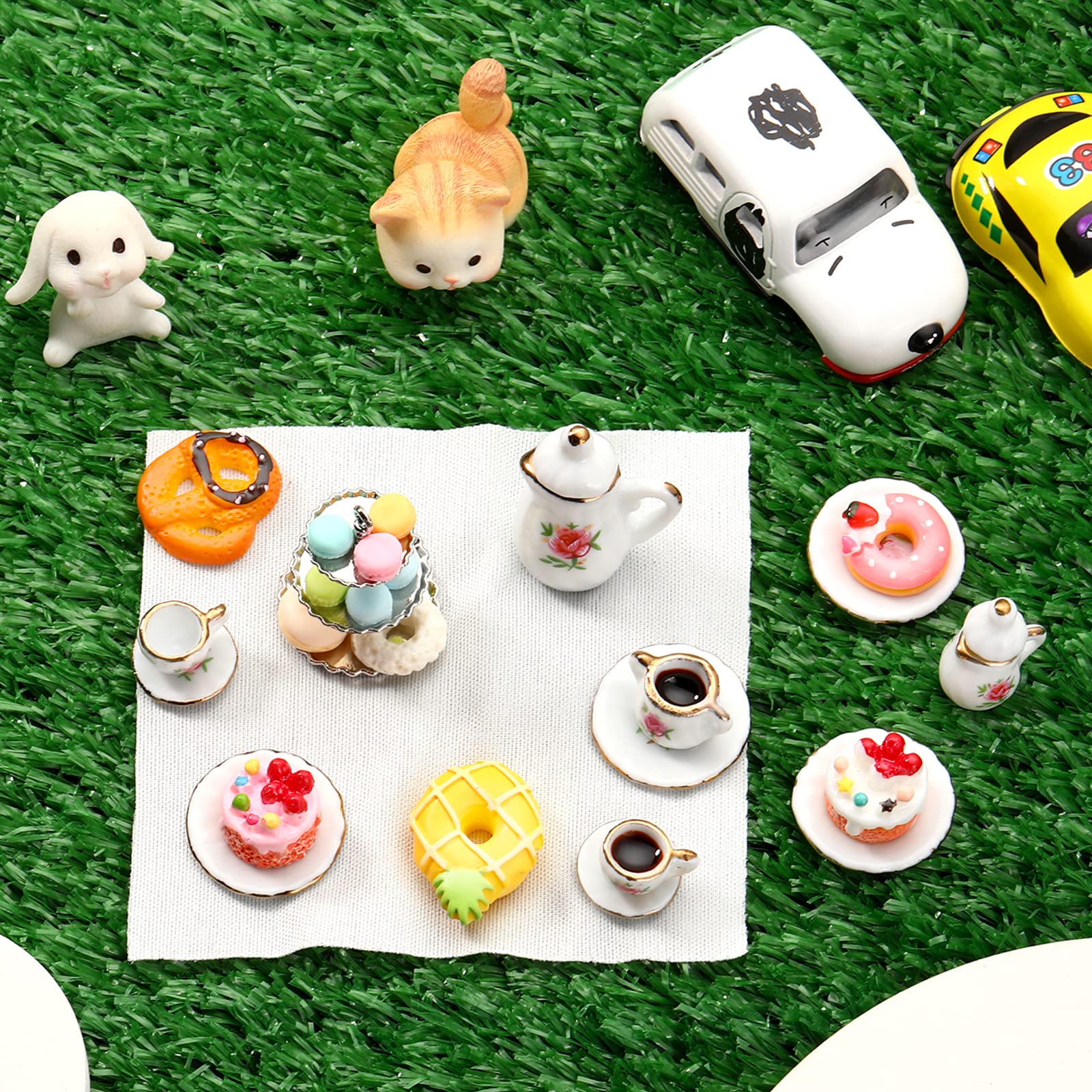 40 Pcs 1:12 Scale Dollhouse Miniature Kitchen Accessories Set Includes 15 Flower Pattern Porcelain Tea Cup 24 Mixed Pretend Cake Foods 1 Mini Three-Tier Cake Stand for Decor Supply (Sweet Style)