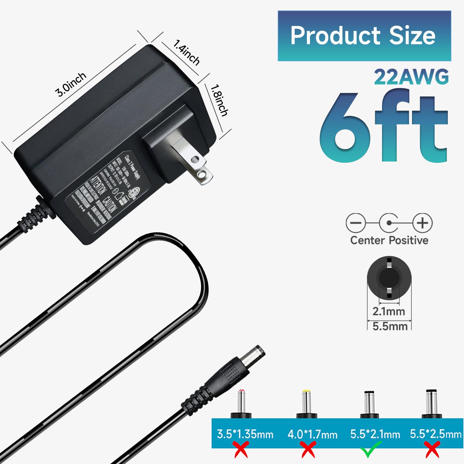 2 Pack 12Vdc 3A/3000mA 6ft Power Supply Adapter, 100-240V 50/60Hz AC to DC 36W Wall Charger with Barrel Connector for LED Strip Light, CCTV Camera, Router, DVR, NVR and More, ETL FCC (6Ft Cord, 20AWG)