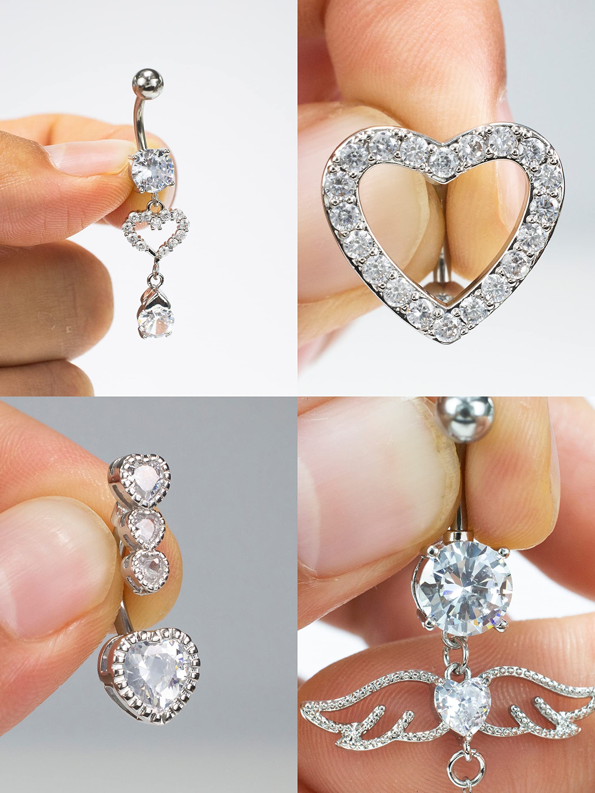 14G Surgical Steel Belly Button Rings Round/Love Heart Clear CZ Navel Curved Barbell Studs Sexy Body Piercing (4PCS - Steel - Style A)