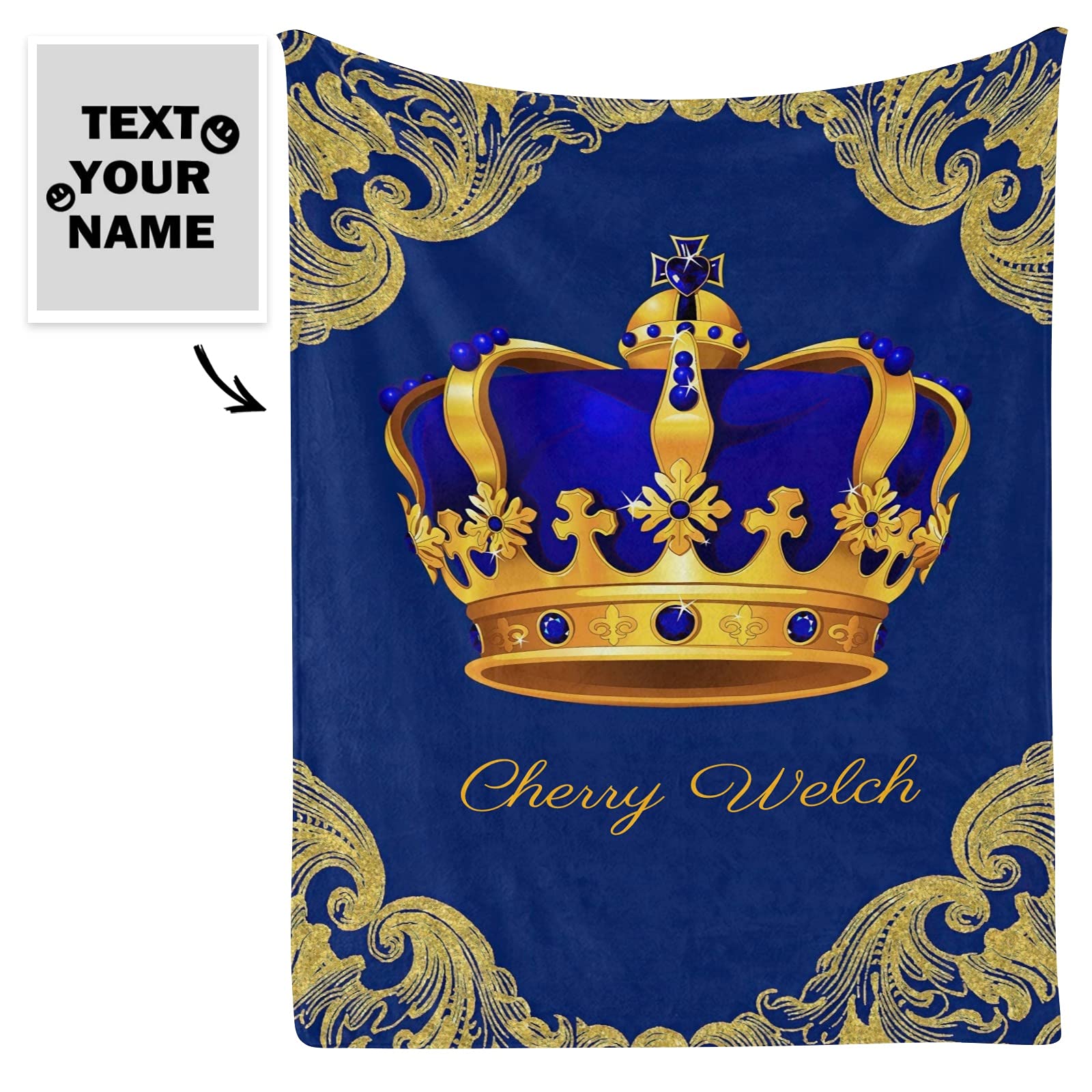 Yeshop Personalized Baby Blanket Blue Golden Crown Custom Nursery Swadding Blankets 30x40 Inches for Baby Boy Girl with Name Baby Shower Birthday Gift
