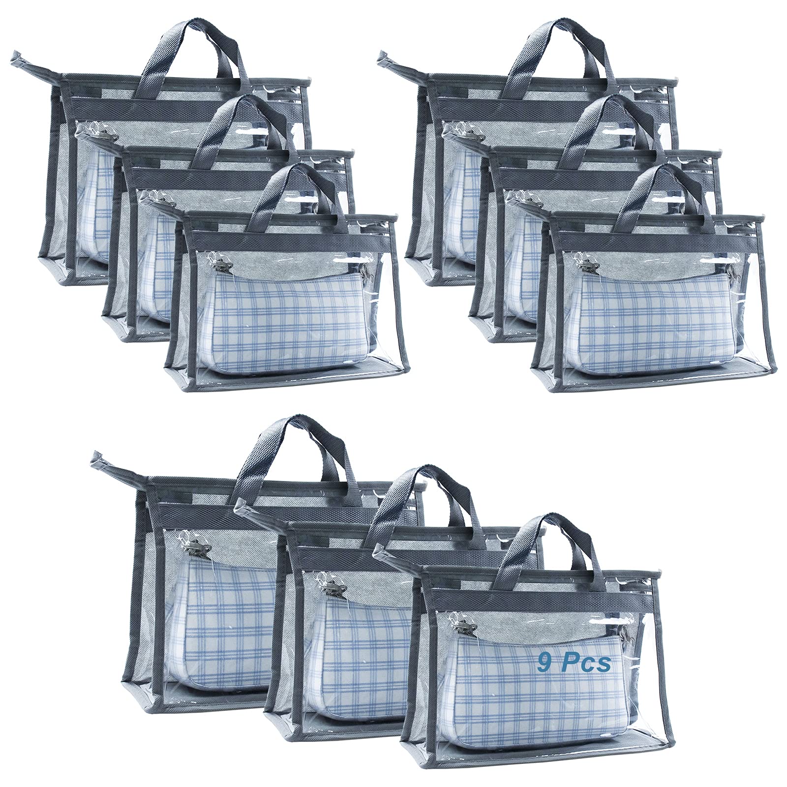 9Pcs Clear Handbag Storage Dust Cover Organizer Bags, Transparent Dustproof Purse Protector Storage Bag with Zipper Handles for Closet Shelf-3 Sizes (Grey)