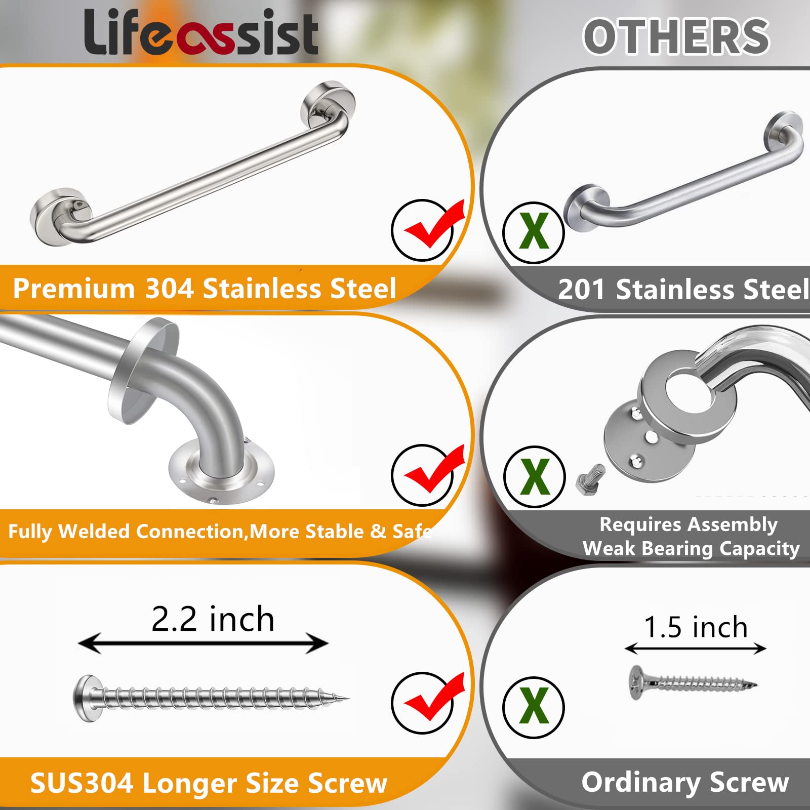18 Inch Shower Grab Bar 2 Pack Brushed Nickel SUS304 Safety Bathroom Grab Bars with Concealed Screws, 500lbs Support Assist Bath Handle Balance Bar for Handicap Elderly Pregnant