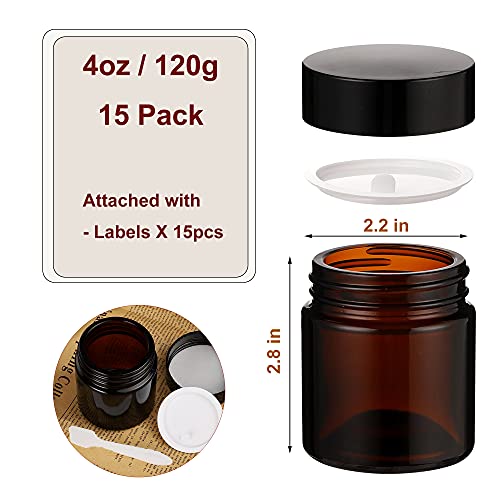 Homerove 4oz Amber Round Glass Jars with Black Lids and White Inner Liners, Empty Cosmetic Containers for Beauty Products(Set of 15 Pack and Attached with Labels and Spoons)