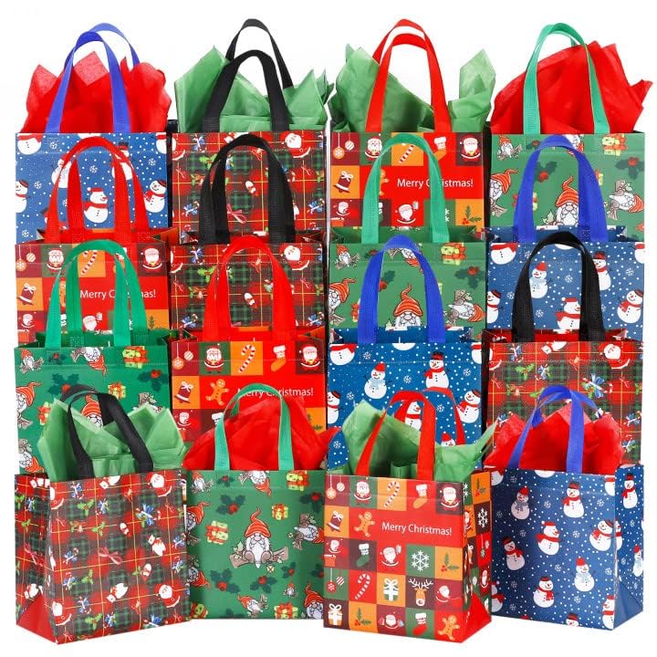 YANGTE 16 Pack Small Christmas Gift Bags with Tissue Paper, Non-Woven Christmas Treat Bags Reusable Tote Bags with Handles for Kids Candy Goodie Bags Christmas Bags Xmas Party Favors