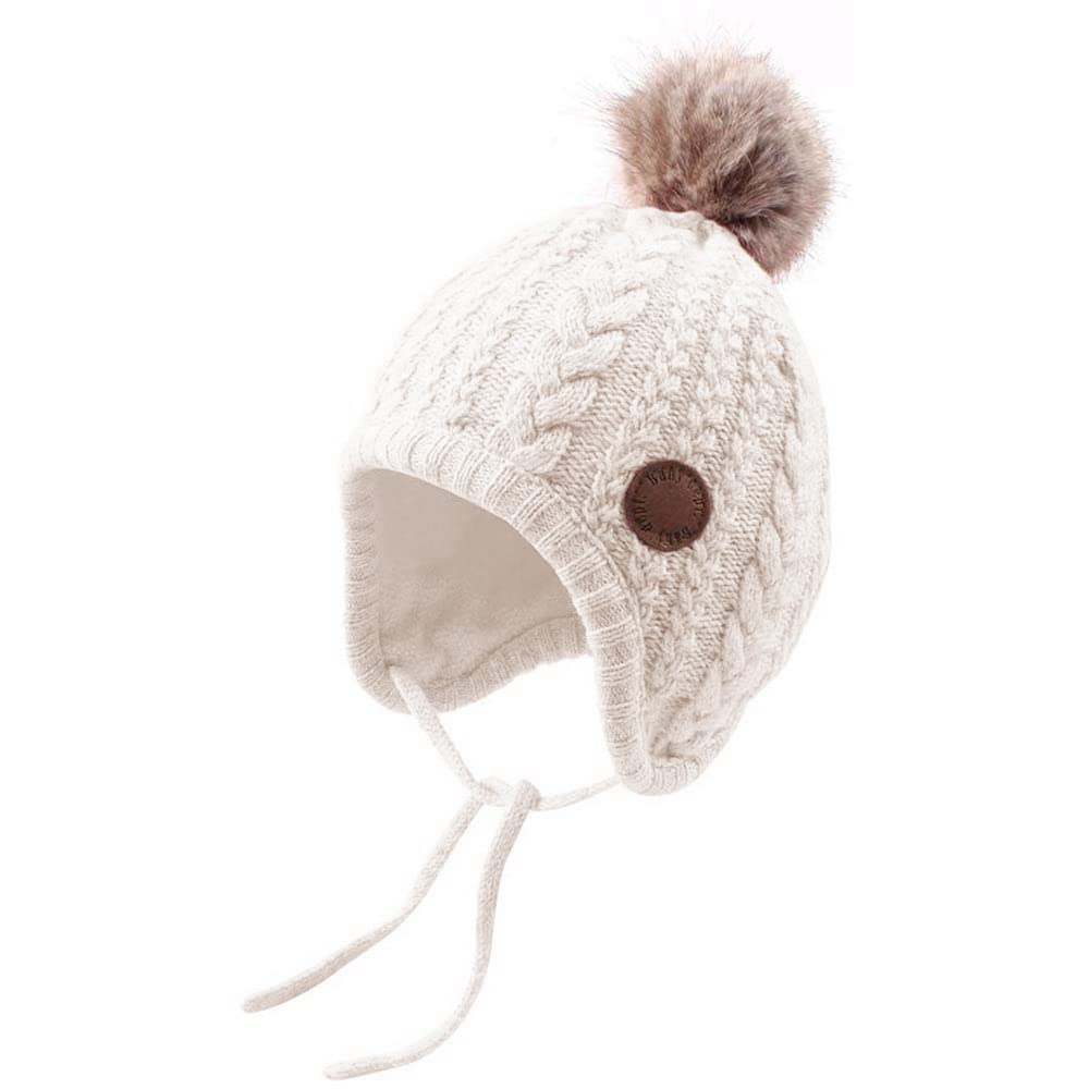 Bamery Winter Baby Infant Girl Beanie Knitted Toddler Baby Boys Hat Fleece Lined Earflap Hats with Pompom 0-4 Years (White, S)
