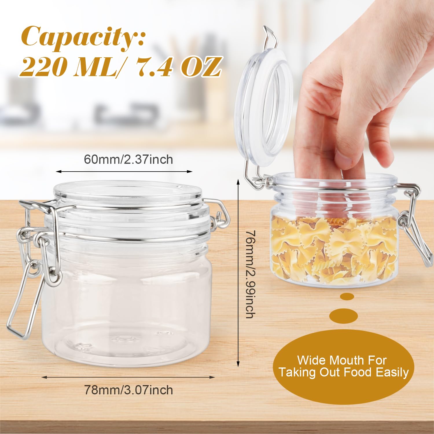3 Pack 220ml/7.4oz Plastic Storage Jars Clear Bottles Wide Mouth Canning Jar Multi-Purpose Container with Lids&Inner Liners for Kitchen Home
