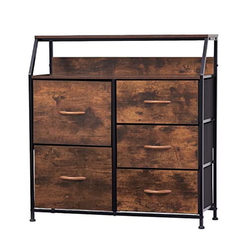 AIIT Kinlife Drawer Dresser Storage Tower, 5-Drawer Organizer Unit with MDF Board Tabletop, Organizer Tall Fabric Storage Tower for Bedroom Kitchen Living Room Study Entryway