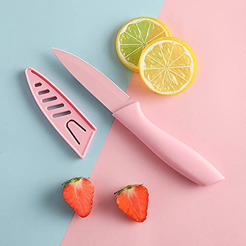 2 pcs Kitchen Knife Set 3.5” Paring Knife with Sheath + Peeler Non Stick stainless steel blade Pink Combo (2 Pink Knives)