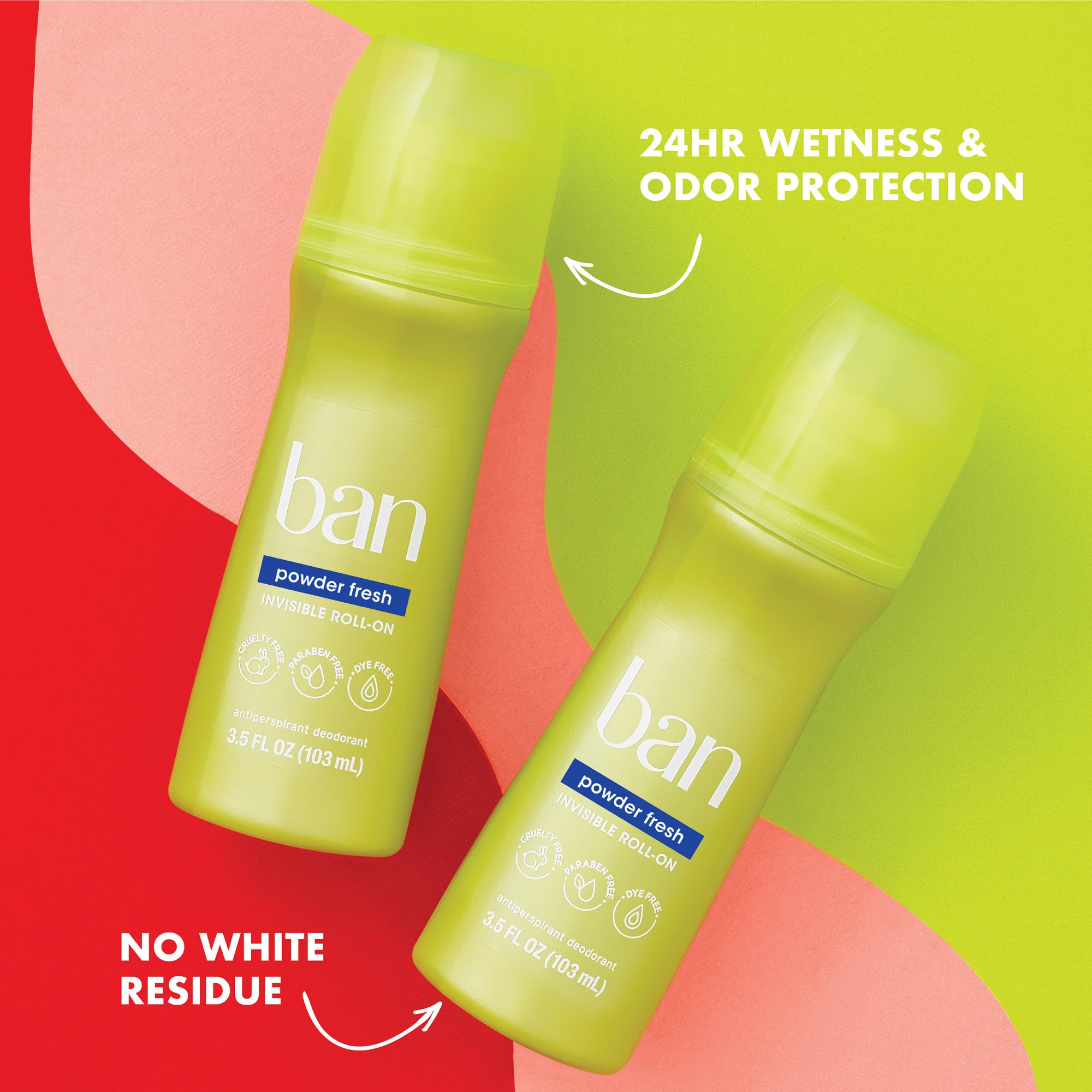 Ban Invisible Roll-on Antiperspirant Deodorant for Women and Men, 24-hour Underarm Odor & Sweat Protection, Powder Fresh, 3.5 Oz, Pack of 4