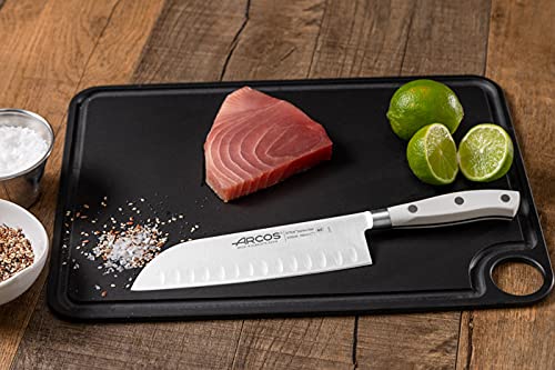 ARCOS Forged Santoku Knife 7 Inch Stainless Steel. Japanese Sharp Knife For Cutting Meat, Fish and Vegetables. Ergonomic Polyoxymethylene Handle and 180mm Blade. Series Riviera Blanc. Color White,