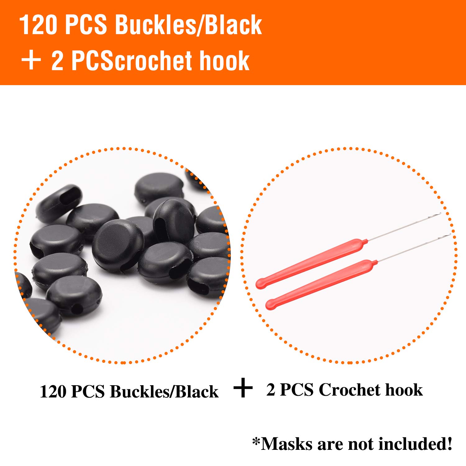 120 PCS Black Adjustable Soft Elastic string cords Buckle adjuster with 2 pcs crochet hook ,Suitable for all different sizes of mask straps bands