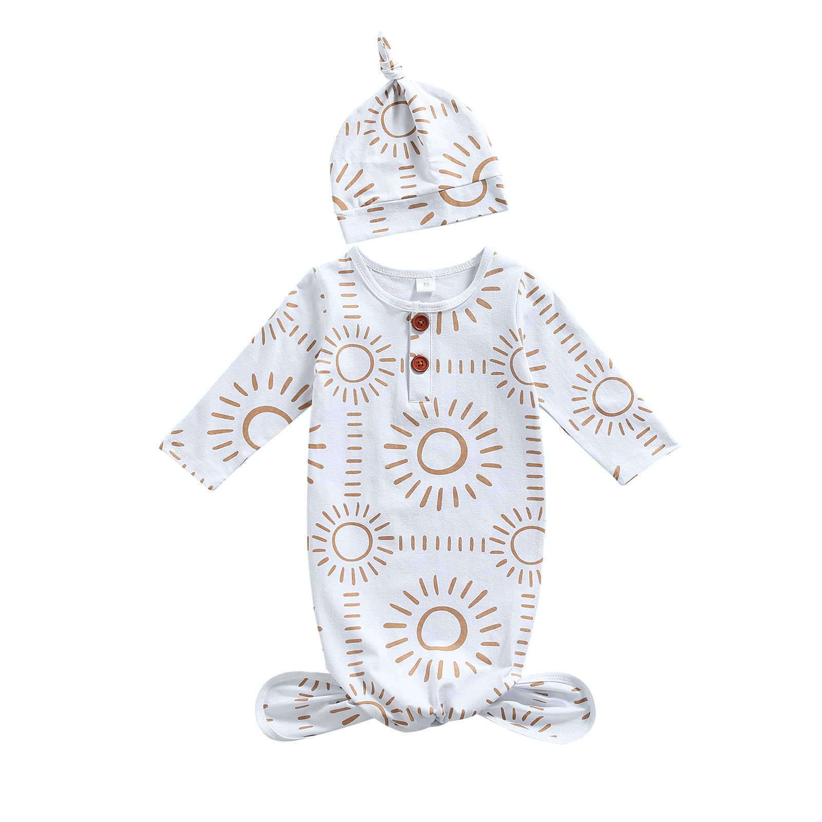 Tsseiatte Newborn Baby Boy Girl Knotted Gowns Long Sleeve Printed Sleeping Bag Coming Home Outfit Nightgown Pajamas Hat Set (C-Sun print white, 0-3 Months)