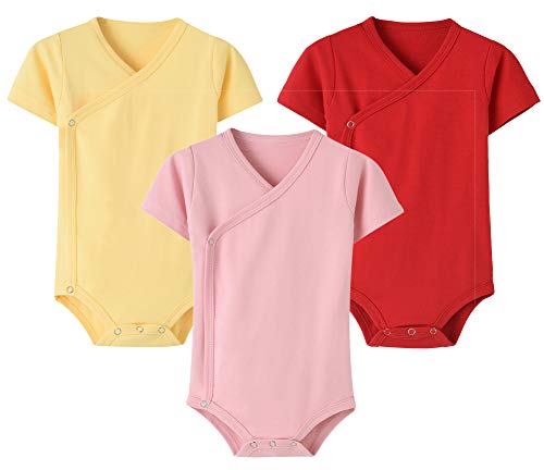 Baby Boys Girls 3-Pack Side Snap Bodysuit Cotton Short Sleeve Soild Kimono Shirt 0-12 Months (C, 0-3 Months)