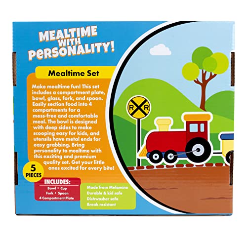 5 Pc Mealtime Set for Kids & Toddlers, Train Theme-Includes Divided Plate, Bowl, Fork & Spoon - Dishwasher Safe, Durable, BPA Free-Cute Compartment Dish to Put Food in 4 Sections for Easy Self-Feeding