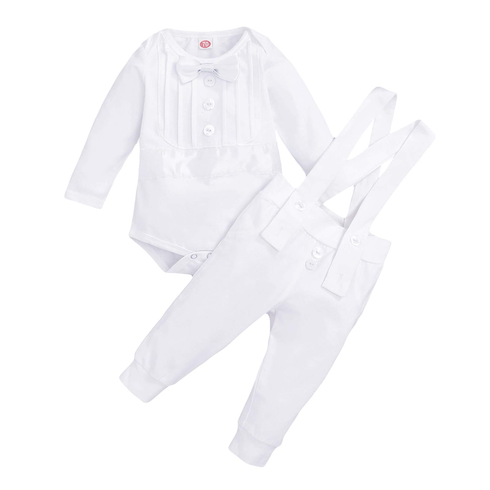 Baptism Outfits for Boys Baby Boy Gentleman Suit Christening Outfit White Dress Shirt Romper Bowtie Suspenders Long Pants Clothes Wedding Tuxedo Formal Suit Easter 1st Birthday All White 6-12 Months