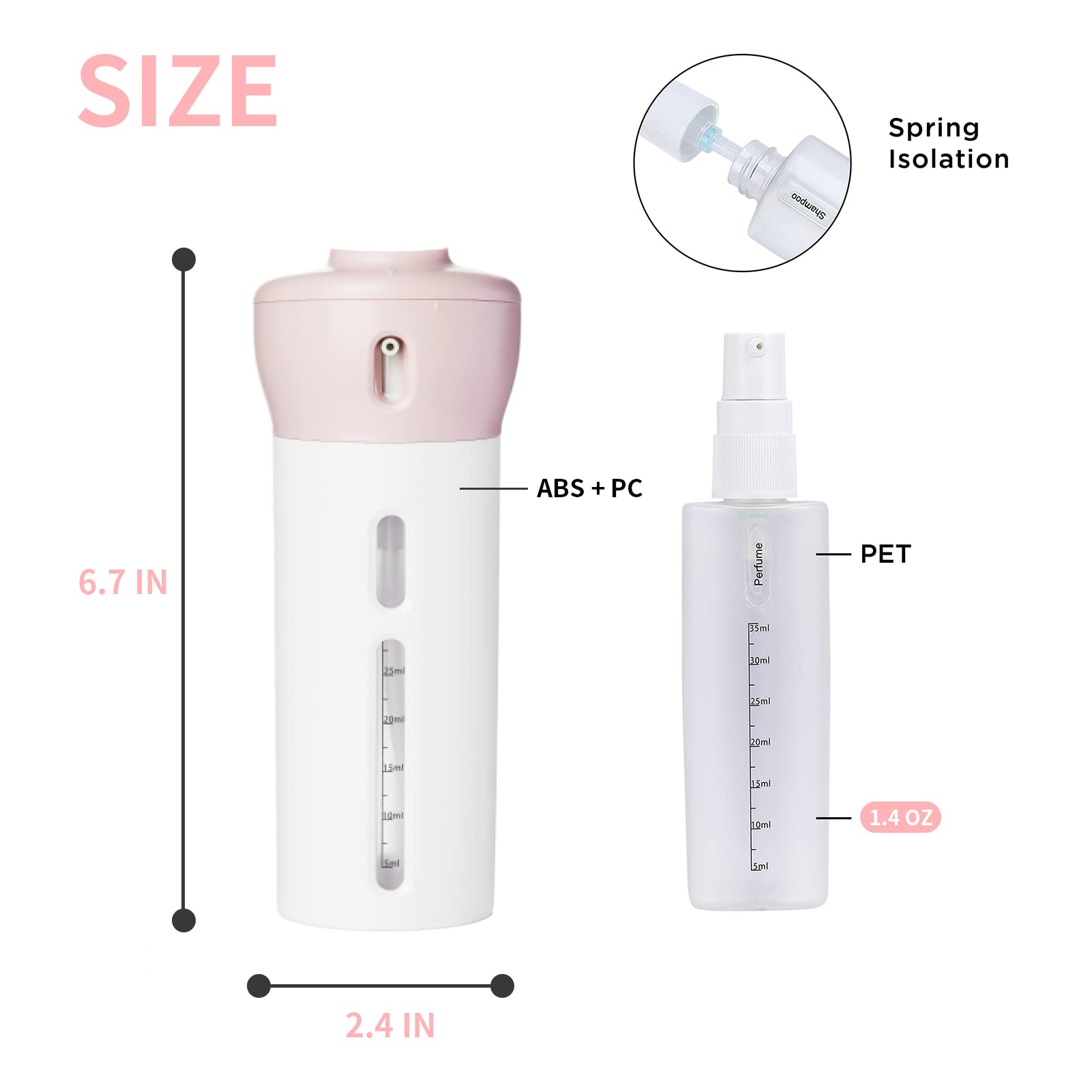 2 Pack 4 in 1 Travel Dispenser Bottle Leak Proof Container for Toiletries,Lotions,Shampoo,Conditioner,Sunscreen Cream.TSA Approved.Airplane Carry-on.(Pink+Gray)