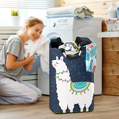 CaTaKu Starry Night Alpaca Laundry Hamper,Cute Llama Laundry Basket Box Big Storage Waterproof Easy Carry for Family Dormitory Laundry Room, 12.6 x 11 x 22.7 Inches