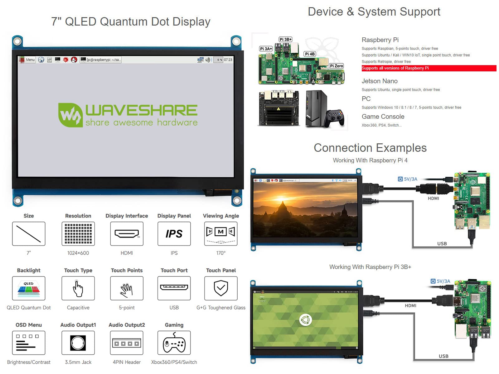 waveshare 7inch QLED Quantum Dot Display Compatible with Raspberry Pi 4B/3B+/3A+/2B/B+/A+/Zero/Zero W/WH/Zero 2W CM3+/4 Capacitive Touch 1024×600 Resolution Supports Jetson Nano/Windows