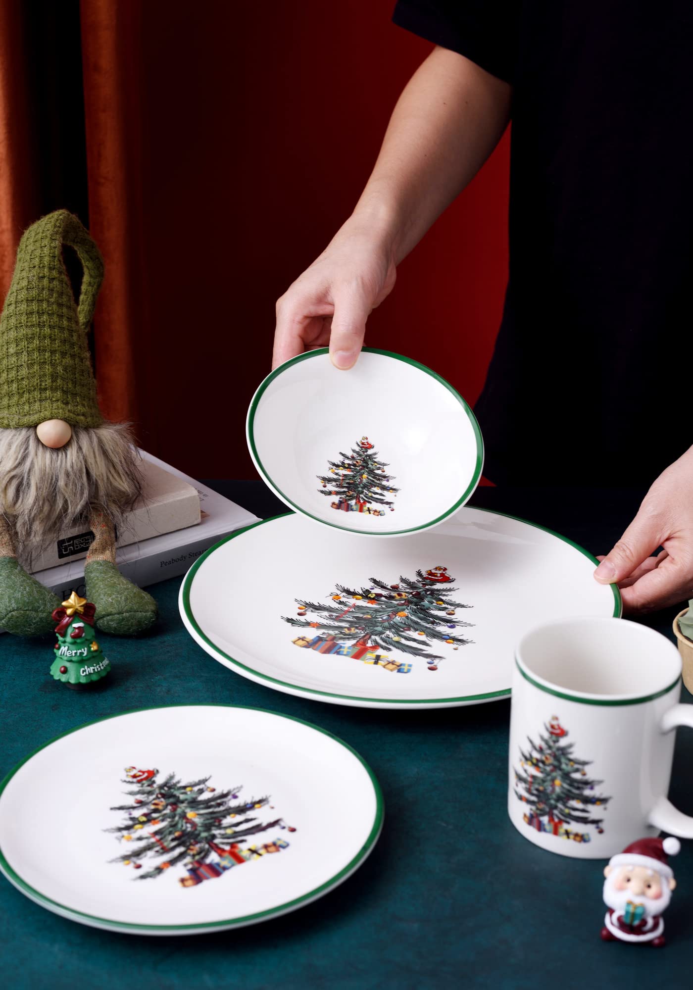 16 Piece Christmas Dishes Dinnerware Sets, Christmas Tree Dinnerware Set with Green Edge, Christmas Porcelain Dinnerware Set for Christmas (4×10.5 Inch Plates, 4×8 Inch Plates, 4×Bowls, 4×Mugs)