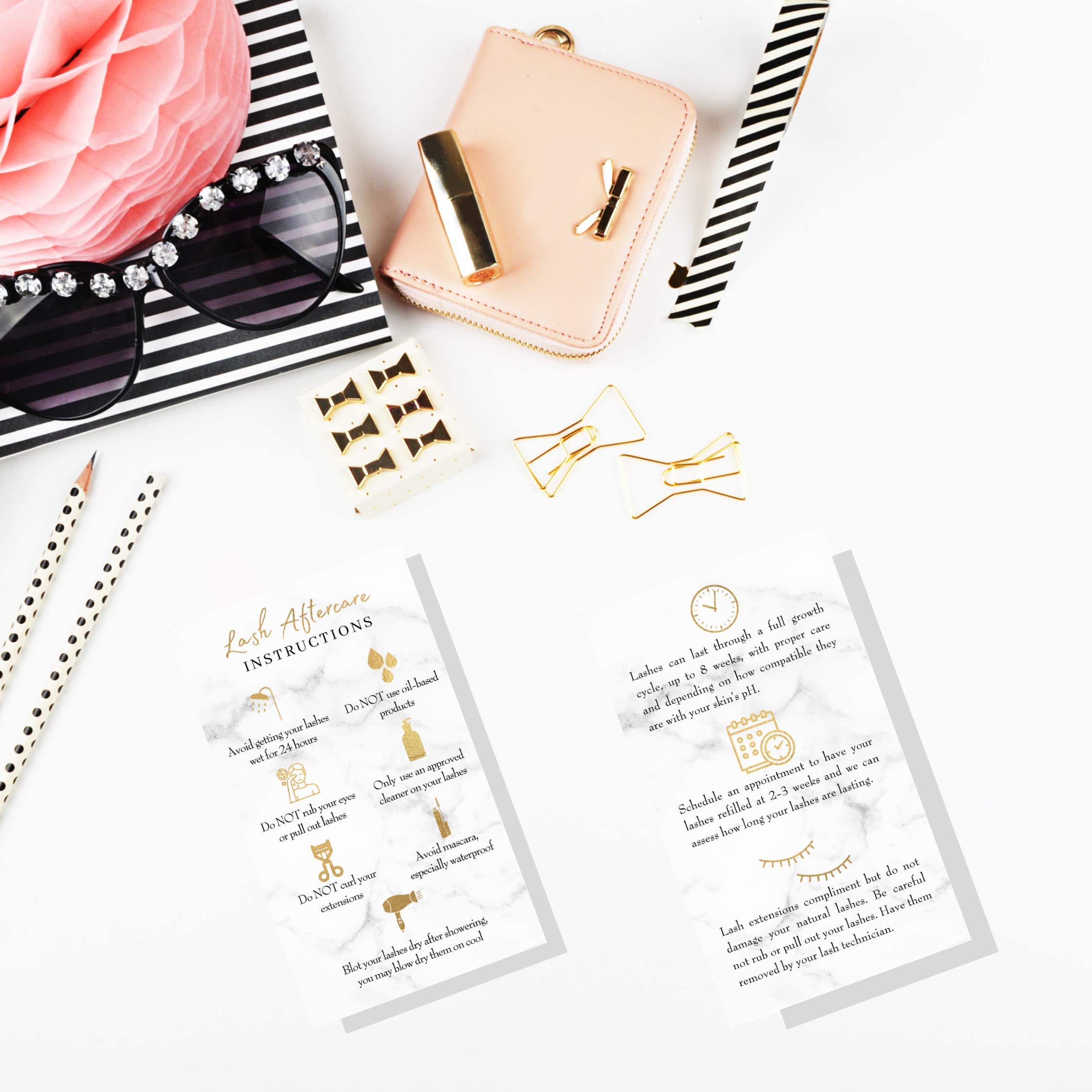 Lash Extension Aftercare Instructions Cards | 50 Pack | Double Sided Size 3.5 x 2" inches After Care (2-3 Week Fillers) | Marble Look with Gold Icons Design