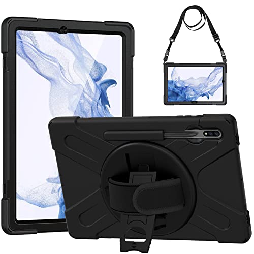 Gerutek Galaxy S7FE/S8 Plus/S7 Plus 12.4" Case 2022/2020, 3-Layer Shockproof Structure Samsung Galaxy S8+ /S7+ Tablet Case with Pen Holder, Rotatable Kickstand, Shoulder/Hand Strap, Black