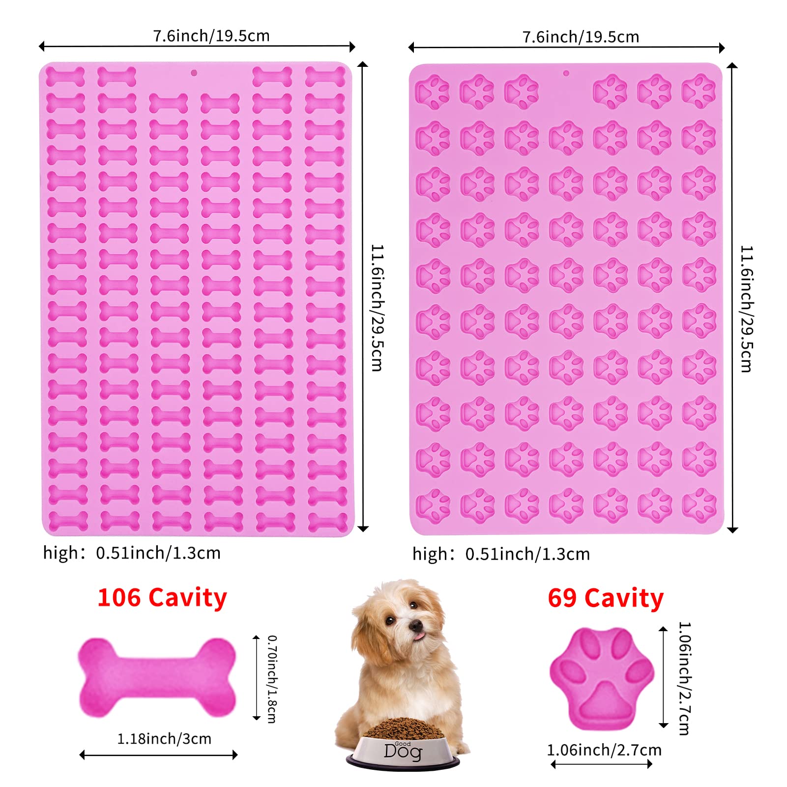 2 Pcs Mini Silicone Molds 106 Cavity Dog Bone Mold 69 Cavity Paw for Chocolate, Fondant, Candy, Biscuits, Cookie, Jelly And Dog Training Commands Concept