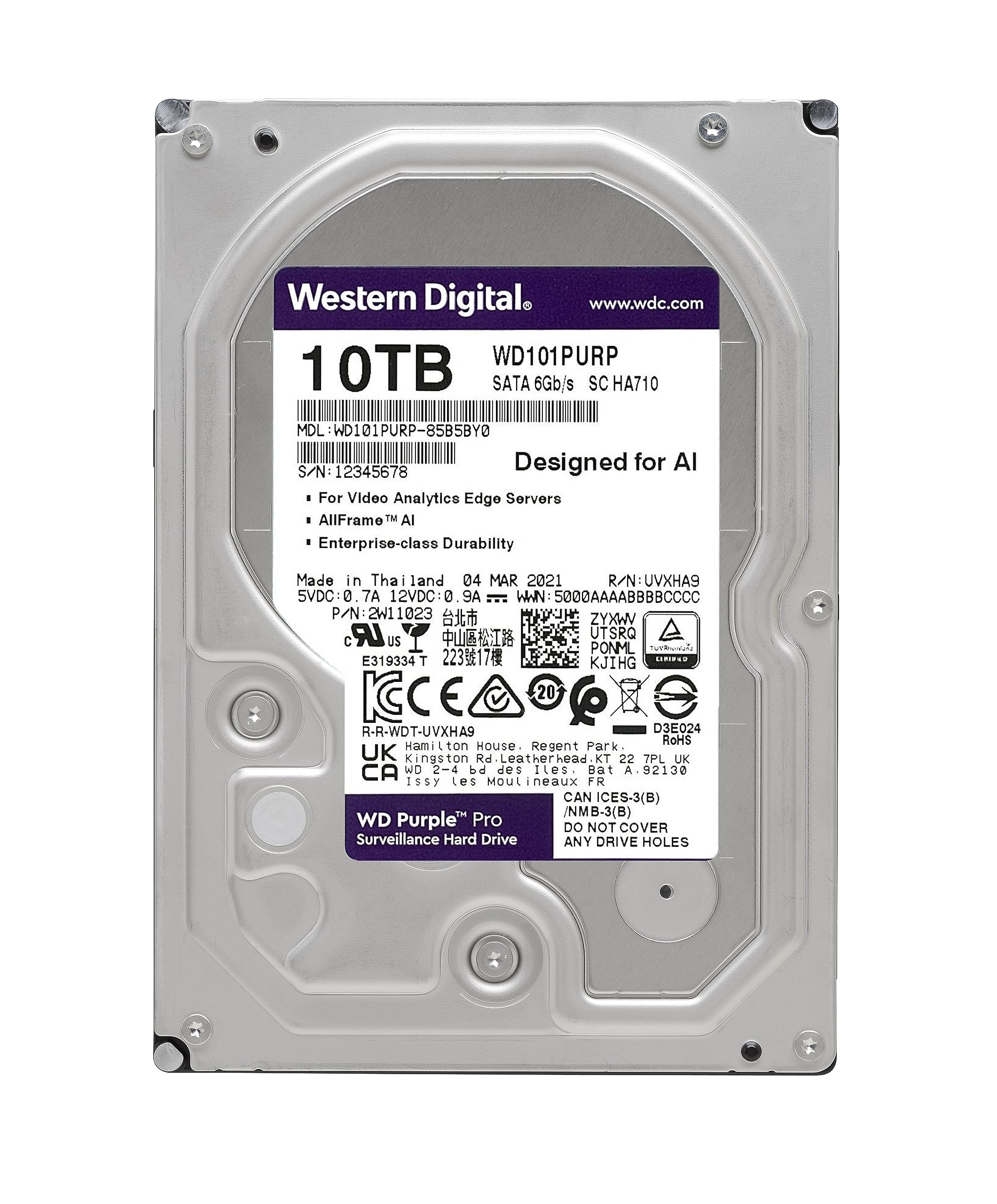 Western Digital 10TB WD Purple Pro Surveillance Internal Hard Drive HDD - SATA 6 Gb/s, 256 MB Cache, 3.5" - WD101PURP