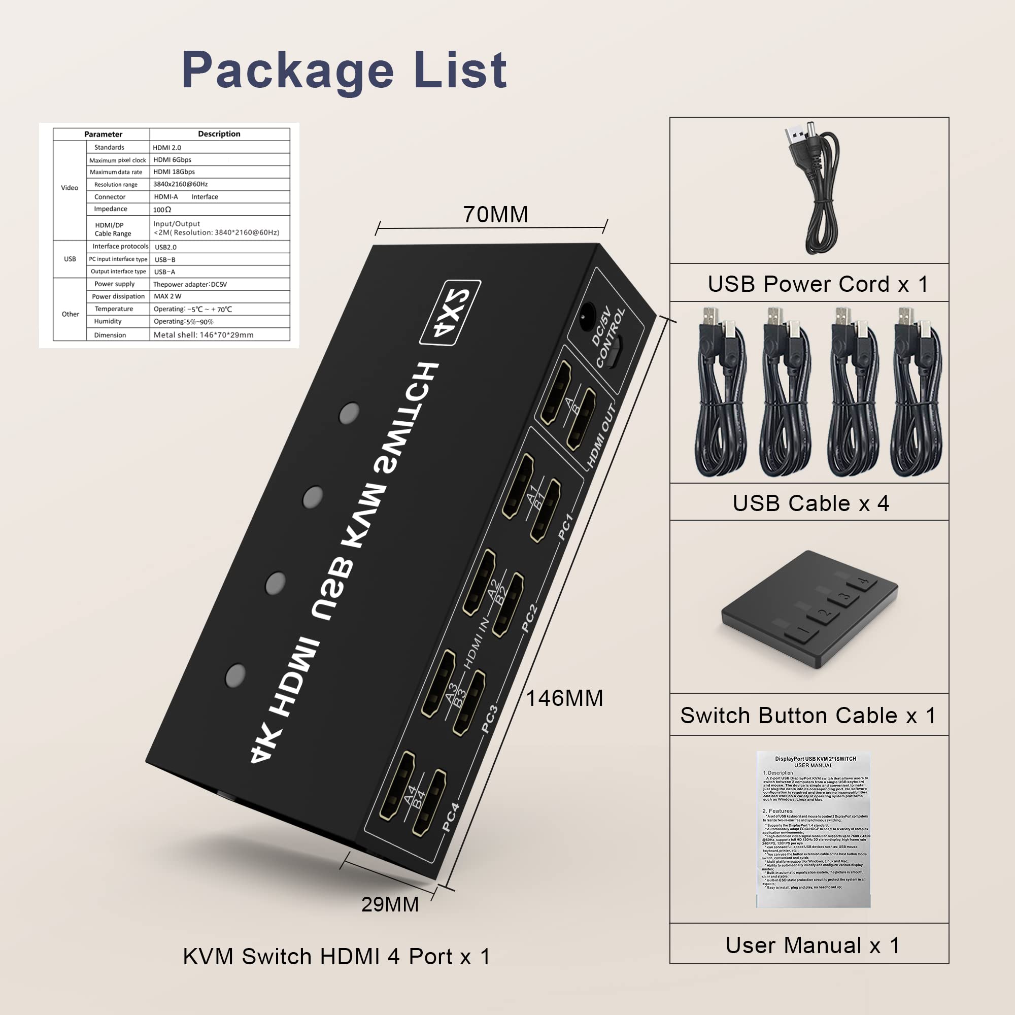 4 Port HDMI KVM Switch Dual Monitor - 4K@60Hz Extended Display 2 Monitors 4 Computers KVM Switch HDMI 4 in 2 Out - Monitor Keyboard Mouse Switcher with 4 USB Cables USB Power Cord Controller