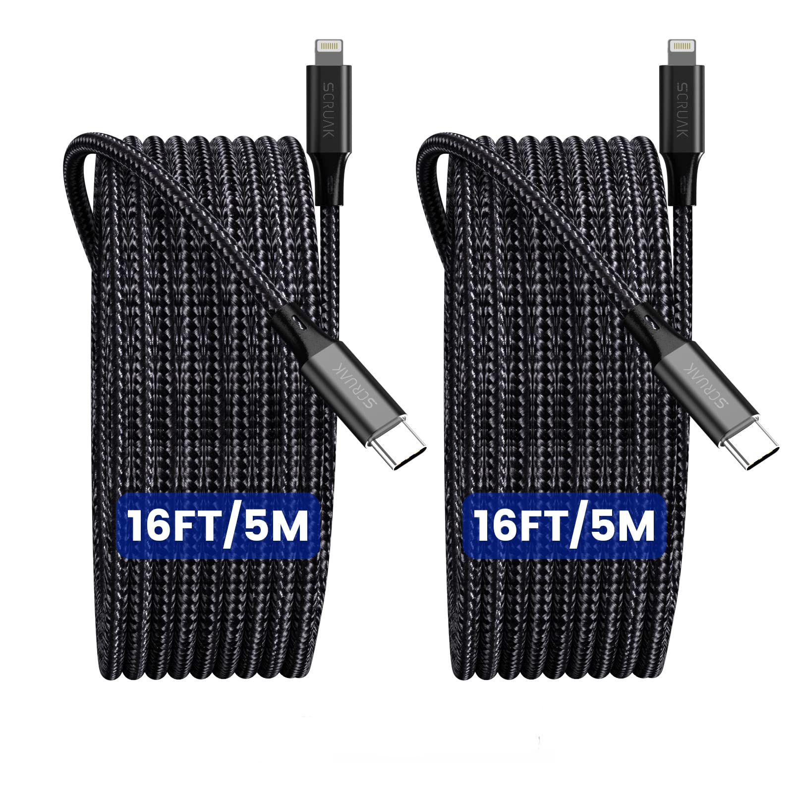 16FT Extra Long iPhone Charger Cord, 2-Pack SCRUAK [MFi Certified] 16 Ft USB C to Lightning Cable Fast Charging Nylon Braided iPhone Charger Cable for iPhone 14/14 Pro/14 Pro Max/13/12, iPad, AirPods.