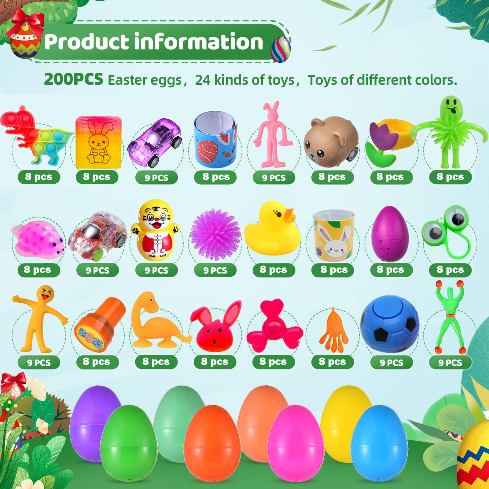 200 Pack Prefilled Easter Eggs with Mini Novelty Toys Inside and Easter Theme Assorted Toys Great for Kids Toddlers Teens Easter Party Favor Basket Stuffers Eggs Fillers