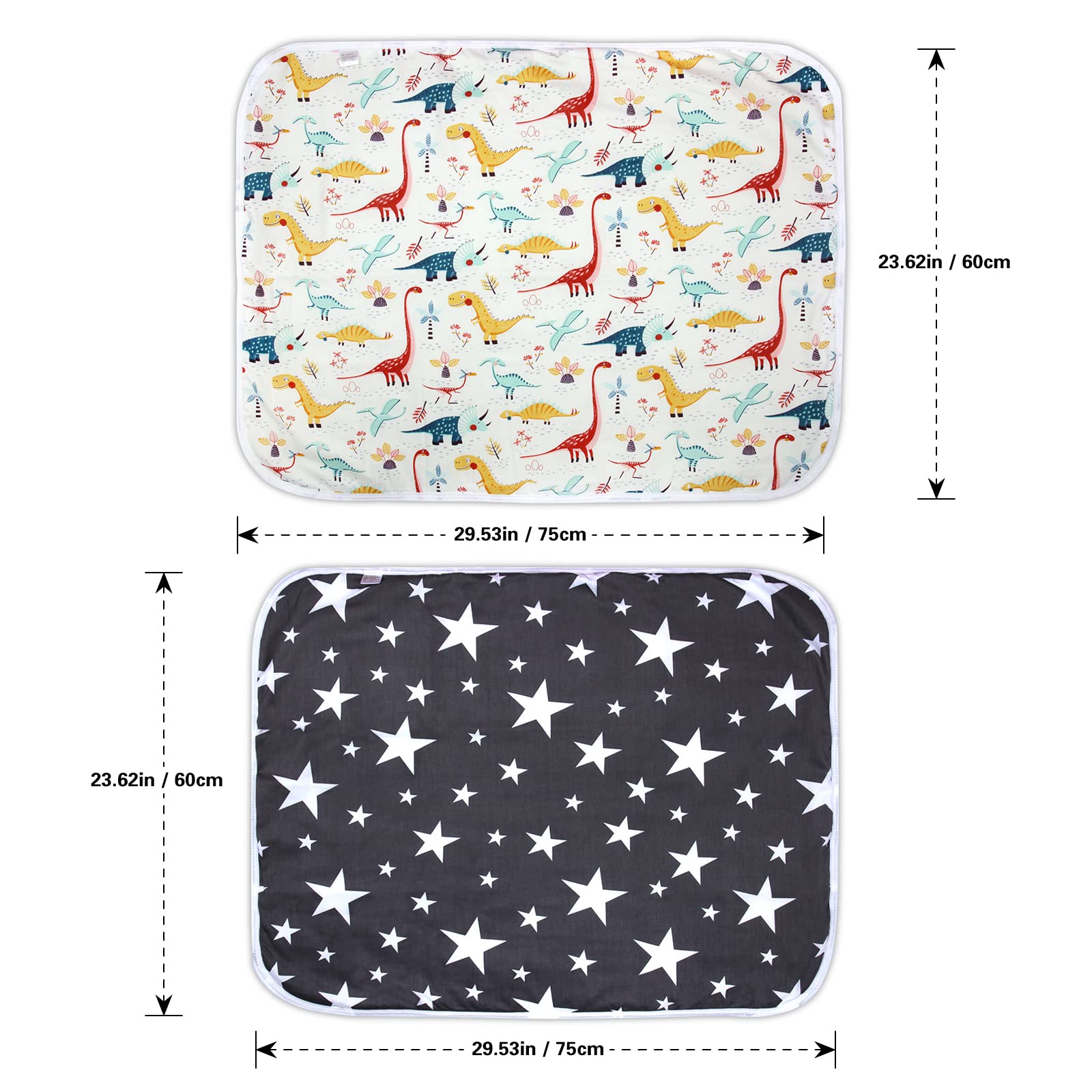2Pcs Diaper Changing Pads for Baby, Dinosaur Change Mat, 3Layers Waterproof Change Pad Foldable Absorbent Mats for Women, Reusable Incontinence Underpads for Patient 24''x30'' (Dinosaur Black Star)