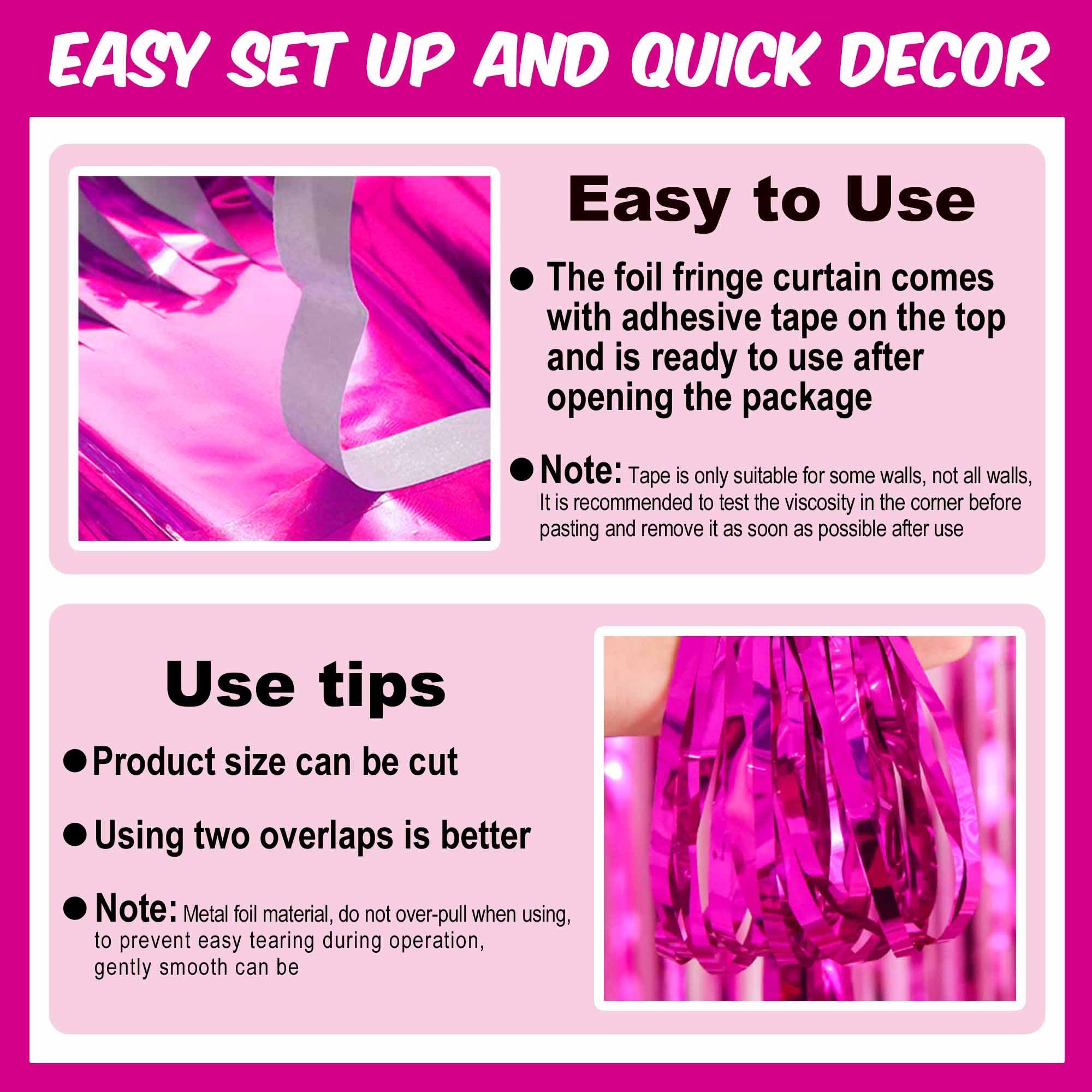 3 Pack Fuchsia Foil Fringe Curtains Backdrop, 3.28 x 8.2 Ft Metallic Streamers Tinsel Curtains Background for Photo Booth, Birthday, Halloween, Christmas, Thanksgiving, New Year Party Decorations