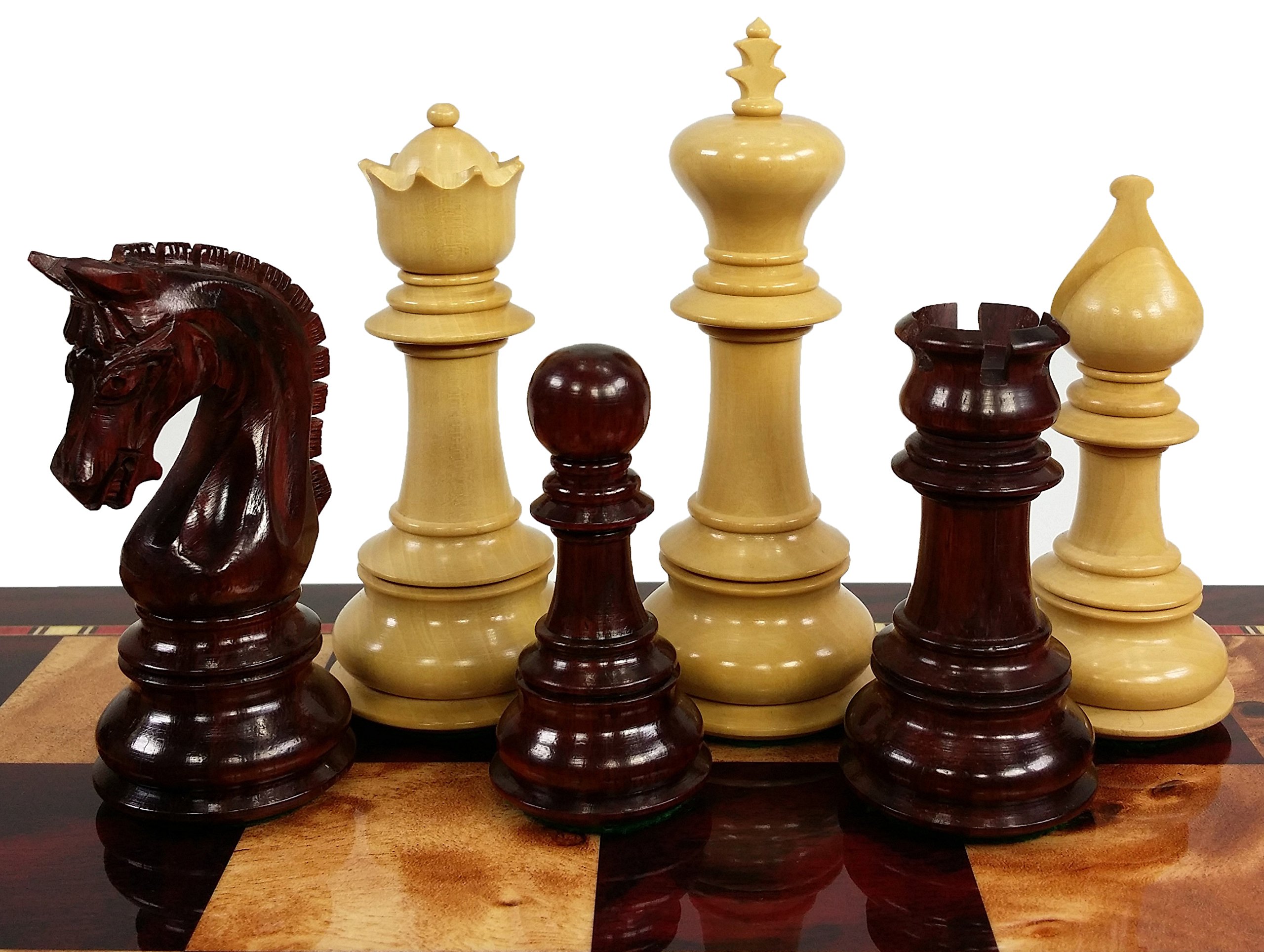 4 Queens - Large 4 3/8" King Staunton Luxury Bud Rosewood Chess Men Set W/ 20" Cherry Color Storage Board