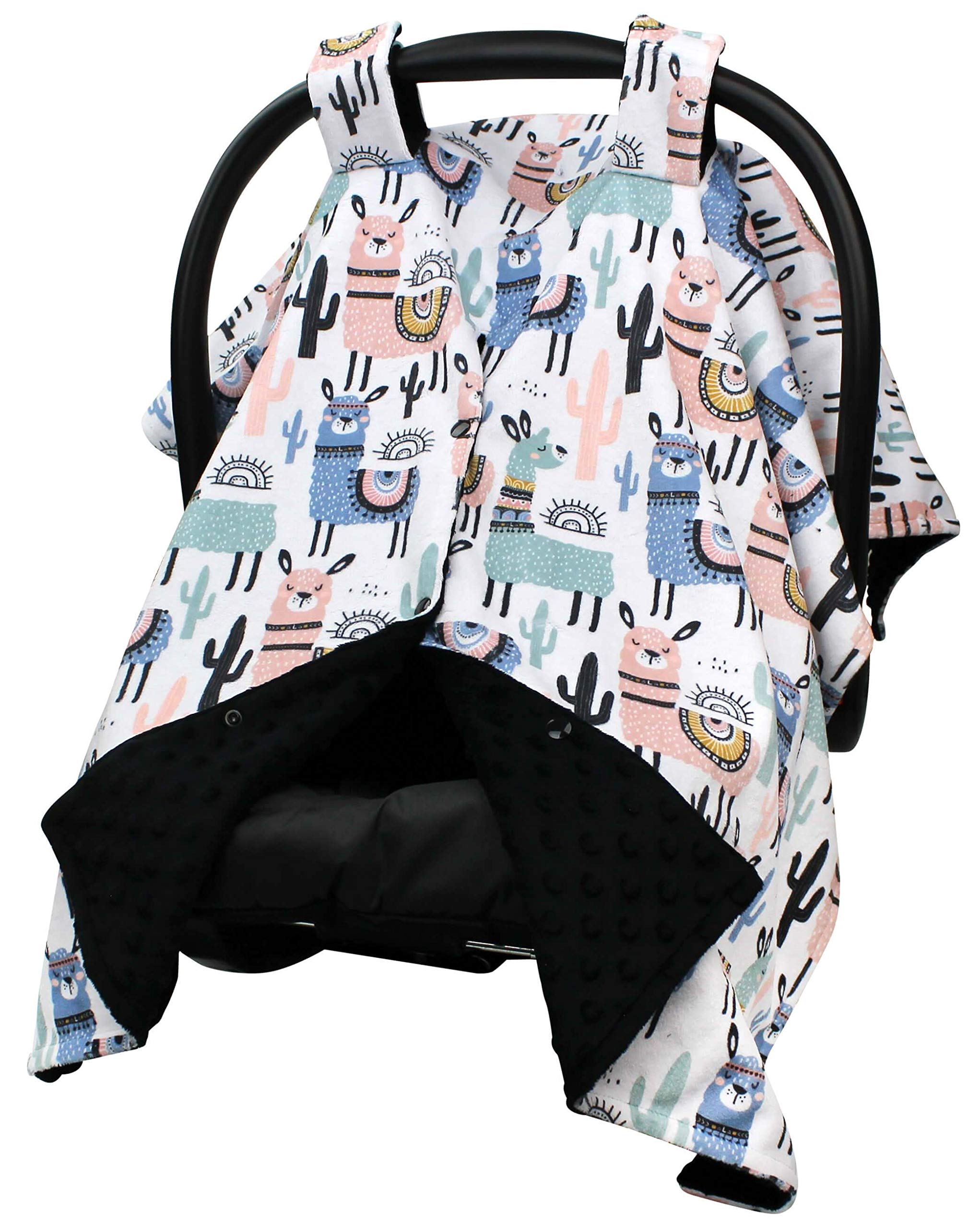 Baby Car Seat Canopy Cover - Emperor Llamas with Black Minky Dot
