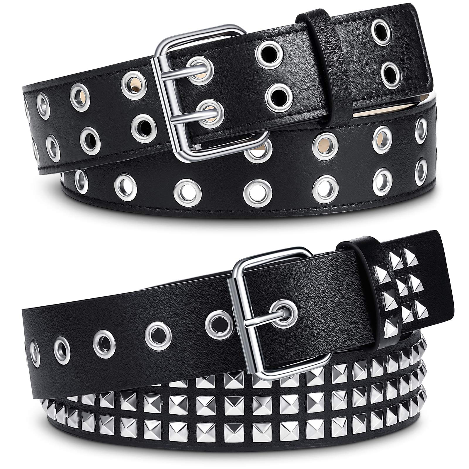 2 Pcs Rivet Studded Punk Belt Double Grommet Belt Gothic Belt for Women Men Gift (Black,No Chain)