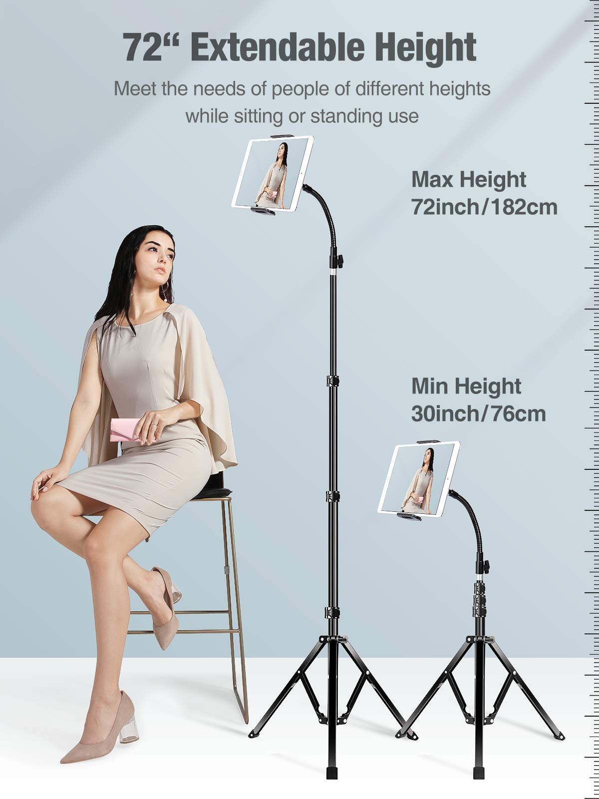 elitehood Metal iPad Tripod Stand & Adjustable 72ββ Gooseneck Tablet Floor Stand Holder, Heavy Duty Aluminum iPad Floor Stand for iPad Pro 12.9 11, Mini, Air, iPhone and 4.7-12.9" Tablets Cell Phones