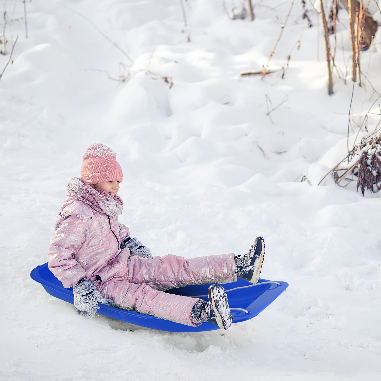2 Pcs Plastics Snow Sled,Snow Sleds with Handle and Rope,Outdoor Winter Sledding Gift for Kids (Blue)