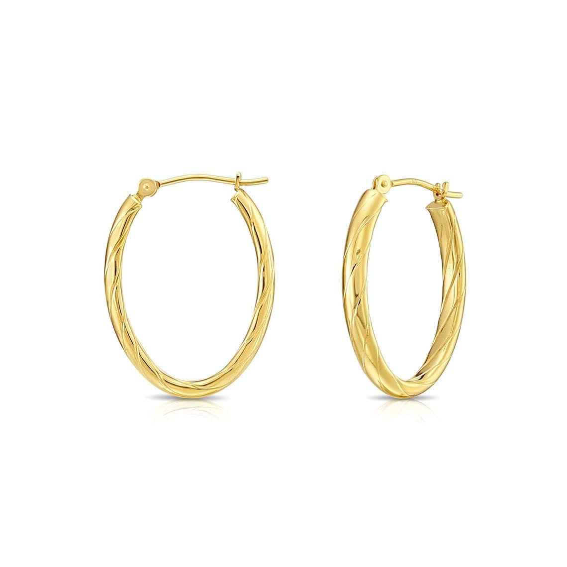14K Gold Hoop Earrings with Spiral Ridges, Oval and Round Available (Oval Two Tone)