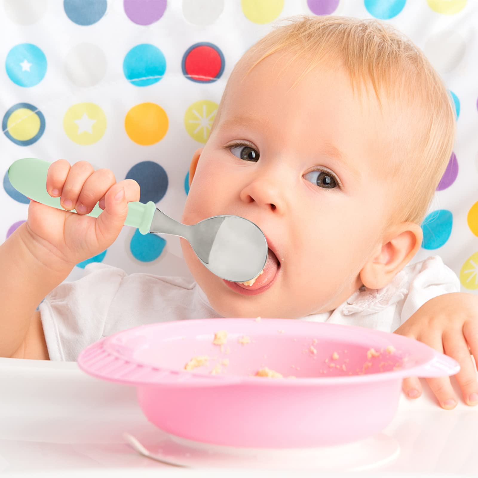 16 Pieces Toddler Fork and Spoon Silverware Set Stainless Steel Baby Utensils Round Handle & Tines for Safe Baby Toddler Self Feeding