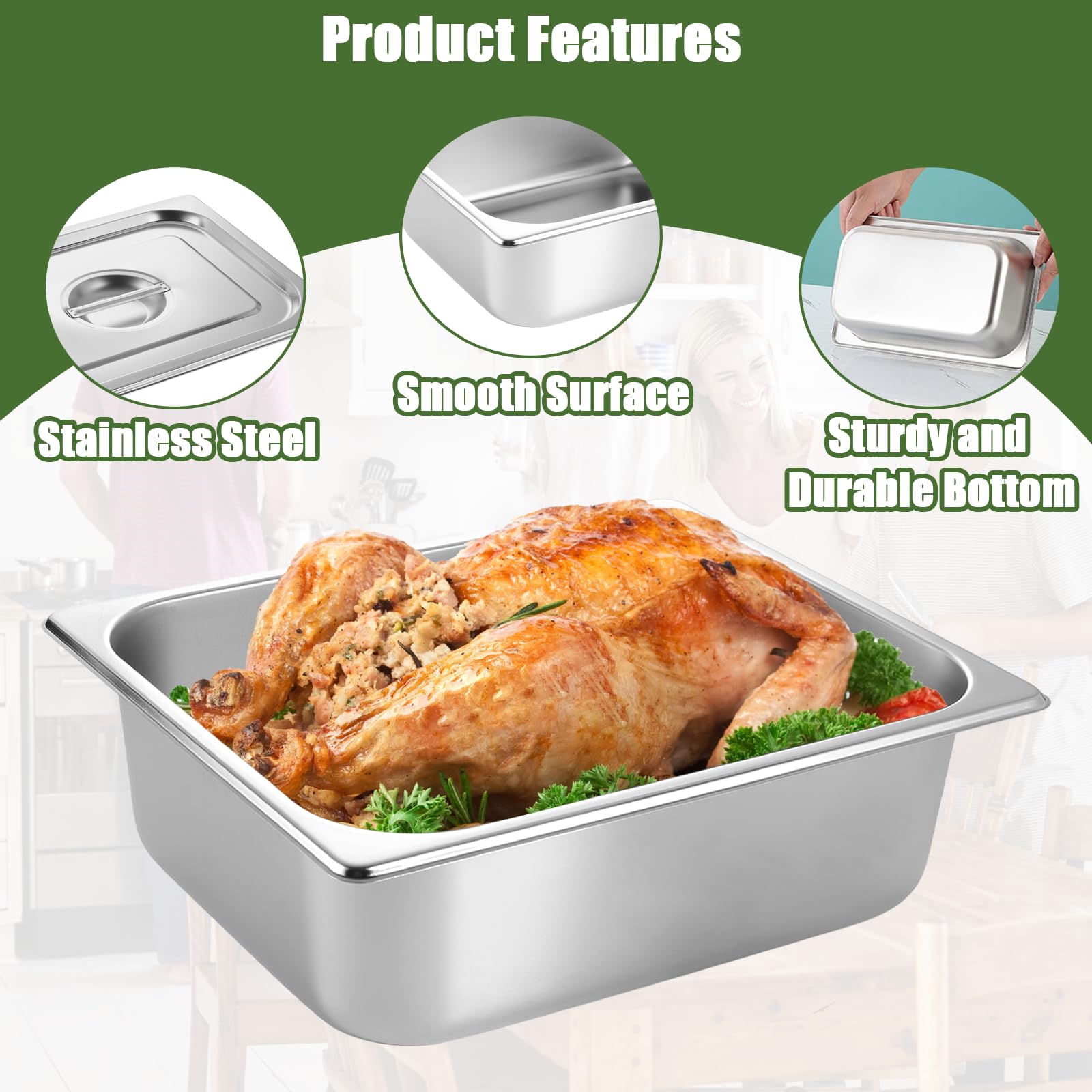 3 Pack Half Size 4 Inch Hotel Pan with Lids 2.6 Inch Perforated Steam Pan Stainless Steel Restaurant Pans for Restaurants, Cafeteria, Kitchen