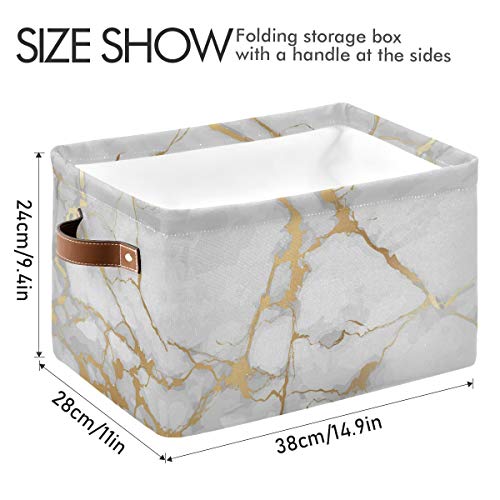 AUUXVA White Gold Marble Storage Basket Bin Large Fabric Toys Storage Cube Box with Handles Collapsible Closet Shelf Cloth Organizer Basket Set of 2 for Nursery Bedroom