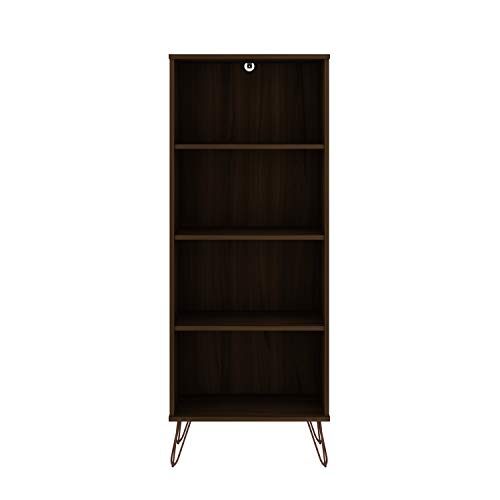 Manhattan Comfort Rockefeller Mid Century Modern 4 Shelves Home Office Bookcase with Metal Legs, 21.26", Brown