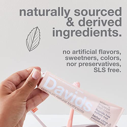 Davids Natural Toothpaste For Teeth Whitening, Herbal Citrus Peppermint, Antiplaque, Flouride Free, SLS Free, EWG Verified, Toothpaste Squeezer Included, Recycable Metal Tube, 5.25oz