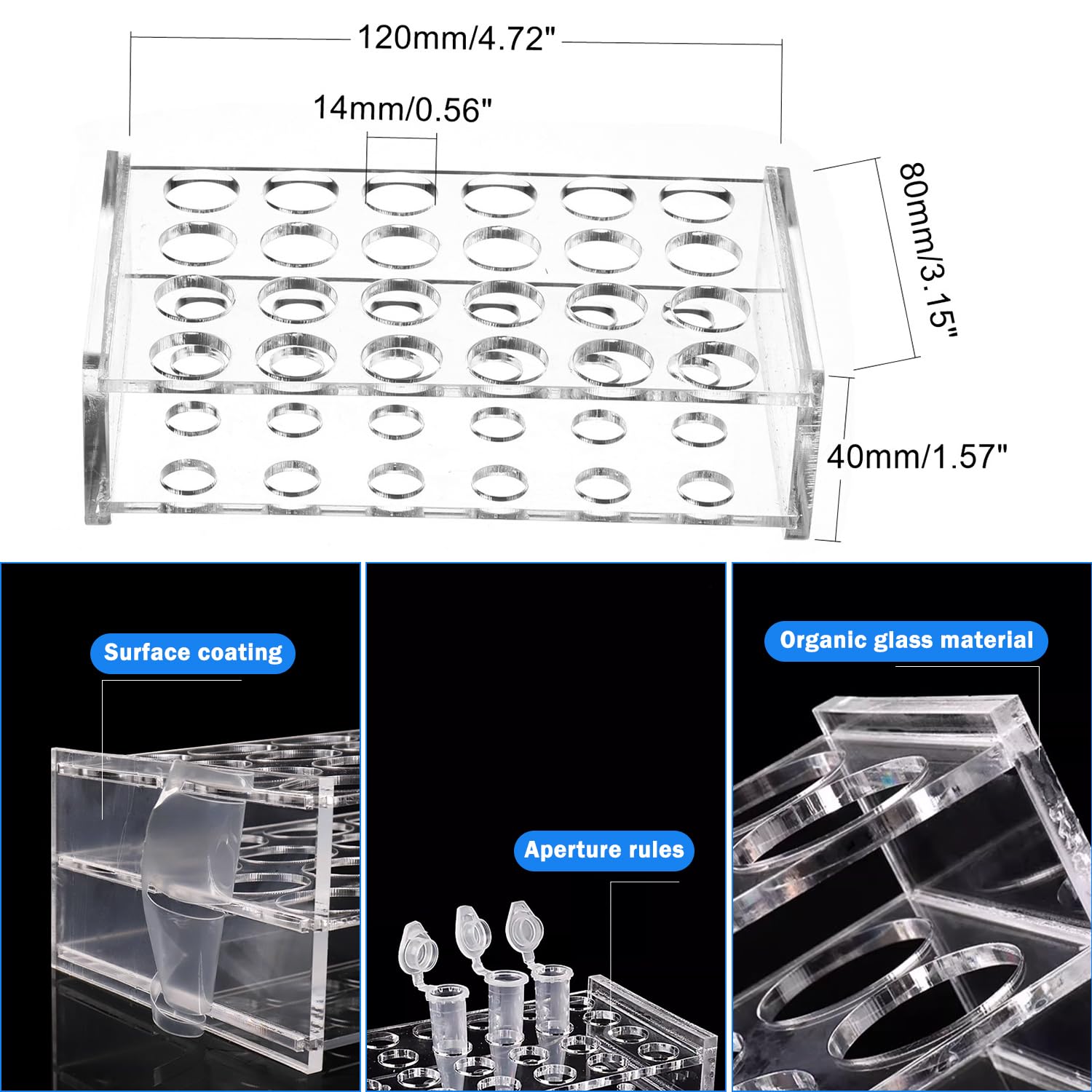 2 Pack Acrylic Test Tube Rack, 24Wells, for 5/9“ OD Tube (13 ±0.1mm,MAX for 14mm) Centrifuge Tube Holder for Labortory Holder Lab Test Tube Transparent