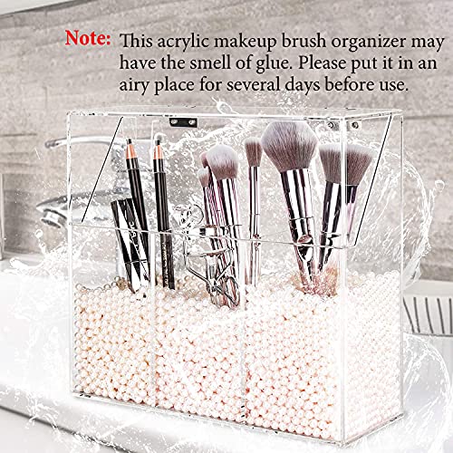 YestBuy Acrylic Makeup Brush Holder, Clear Makeup Brush Organizer For Vanity, Cosmetic Brush Storage Box with Pink Pearls, For Bathroom, Bedroom, Vanity Countertop