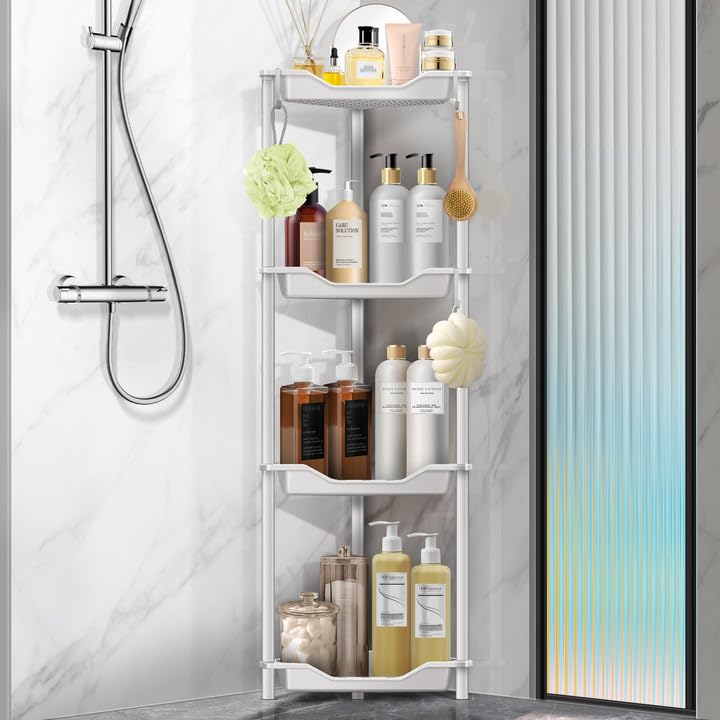 4 Tier Shower Caddy for Bathroom Corner Organizer: Rustproof Floor Standing Shower Shelves Storage with Large Capacity - Shower Organizer Rack for Bathroom Essentials, White