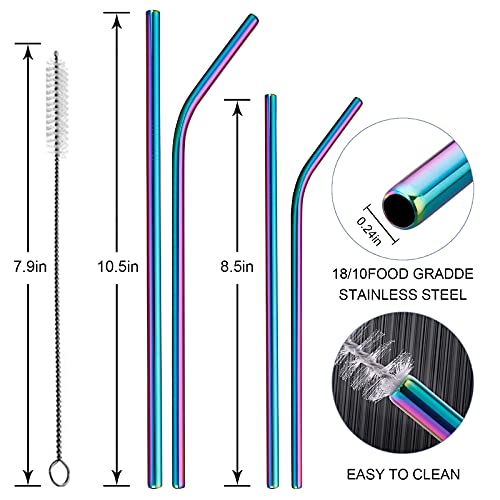 16-Pack Reusable 18/10 Stainless Steel Metal Straws with Silicone Tips & Cleaning Brush, Suotarn Long Drinking Straws for 20 24 30 oz Coffee Tumbler Travel Mug Cup, Dishwasher Safe, Rainbow
