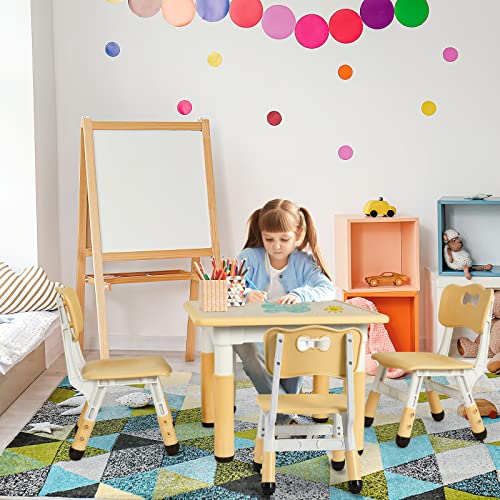 AuAg Kids Table and 4 Chairs Set, Height Adjustable Toddler Study Table and Chair Set for Age 2-10, Multi-Activity Art Table W/Graffiti&Scrubtable Desktop, for Daycare, Classroom, Home (Natural)