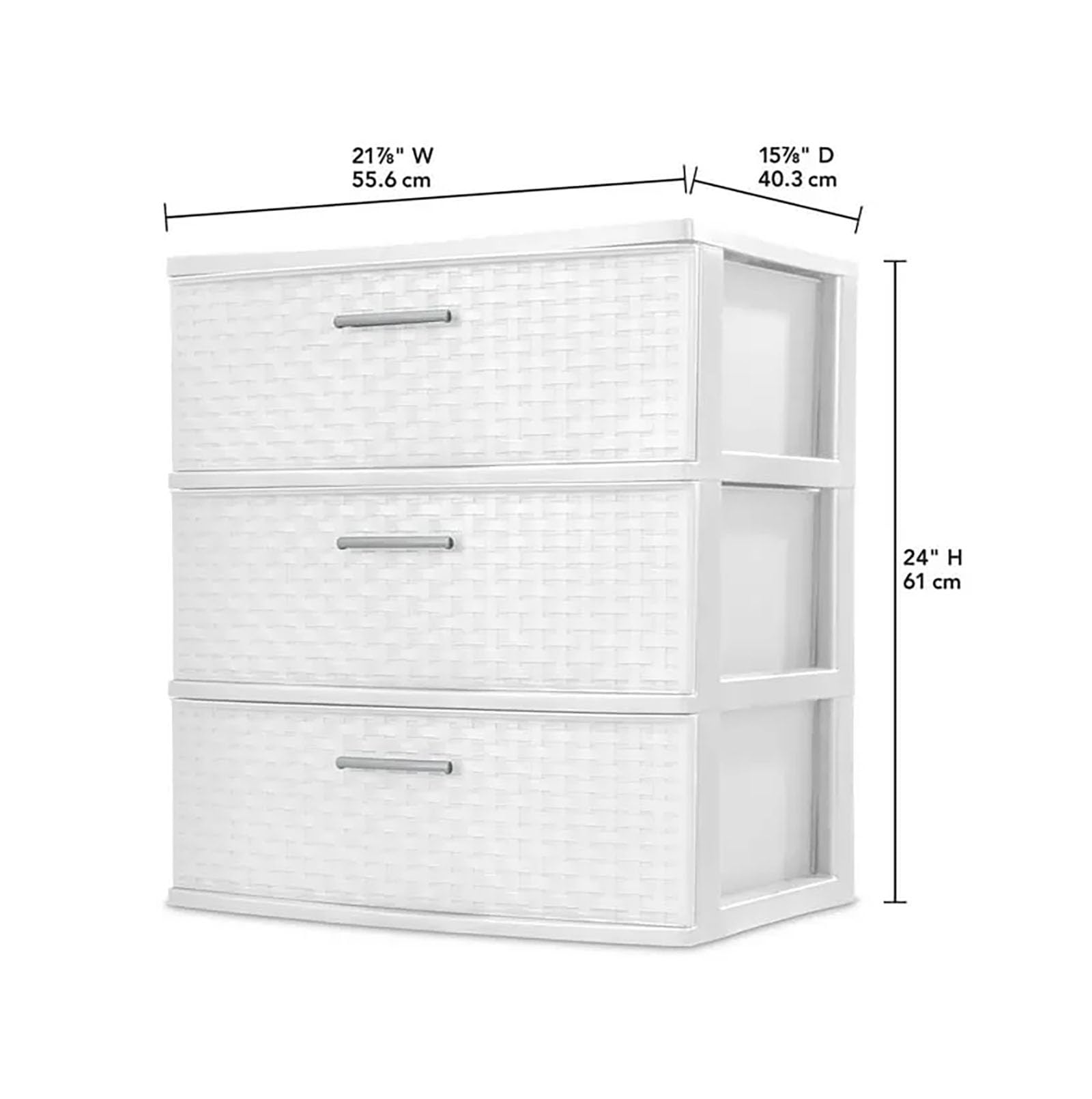 3 Drawer Cross Weave Storage Tower, Decorative Plastic Bin Drawers with Handles Organize Clothes in Bedroom, Easy Assembly,White